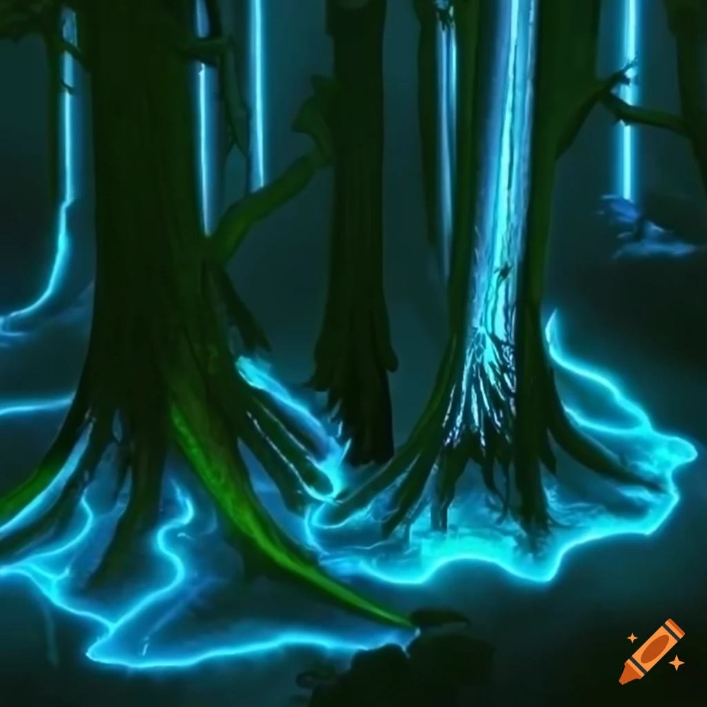 Biopunk paradise with glowing bioluminescent trees merging nature and technology on Craiyon