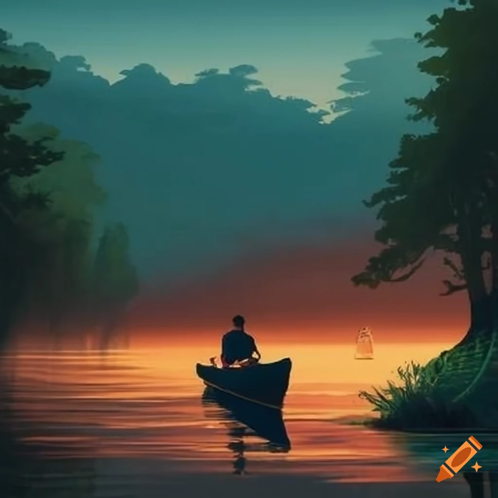 Oarsman sailing boat on a river surrounded by trees with children ...