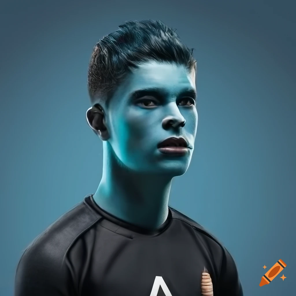 Group of male soccer players with black hair and blue skin posing on a ...