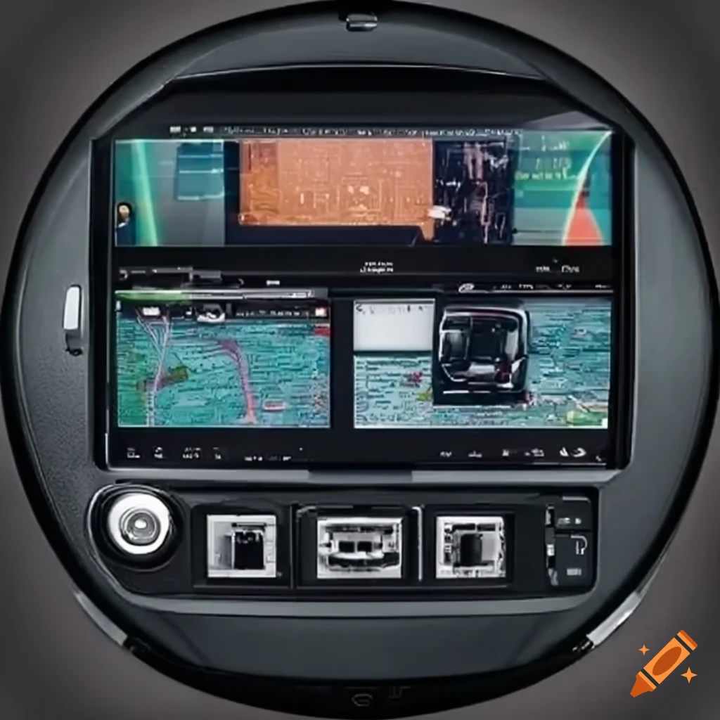 Dashboard layout central display screen with navigation, vehicle status ...