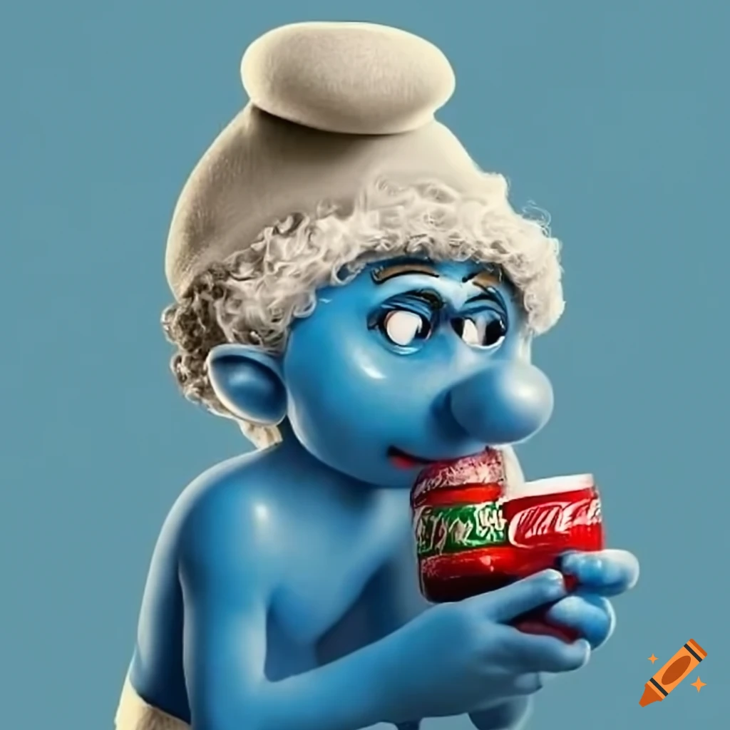 Smurf with Russian hat and grey curly hair surrounded by Coke bottles ...
