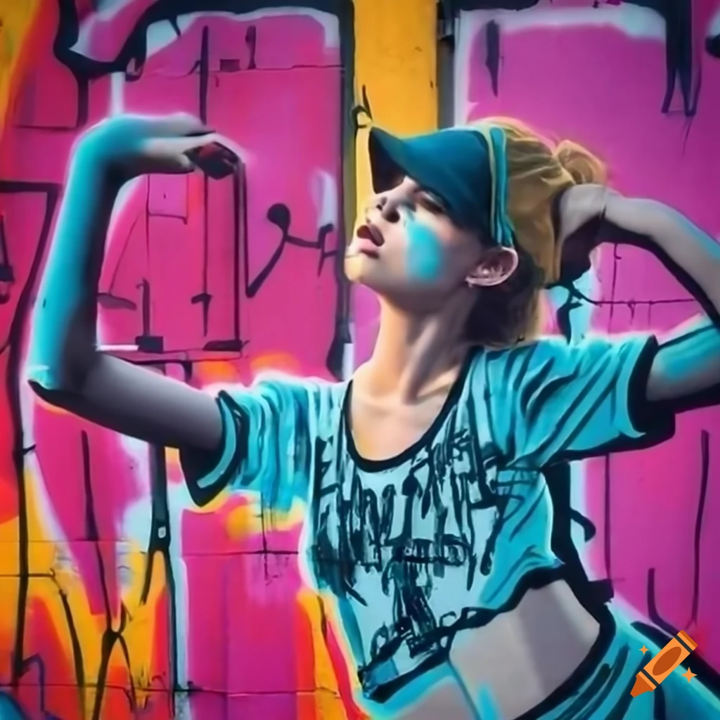 Street graffiti of a girl dancing hip-hop in vibrant colors on Craiyon