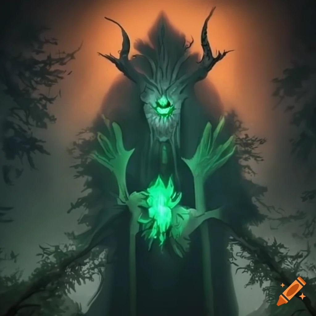 Lych demon king with glowing green eyes in a dark forest under a scary ...