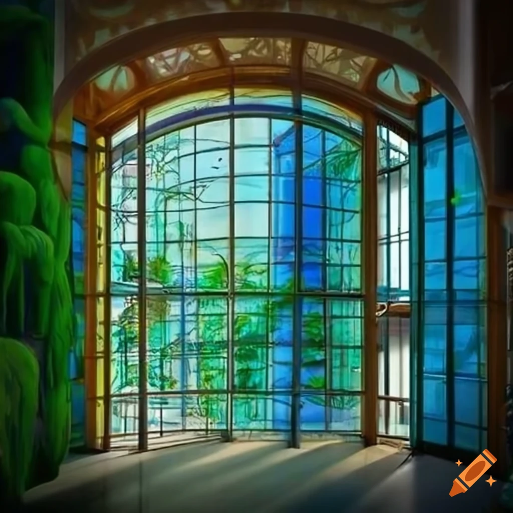 Ethereal veterinary hospital with colorful glass windows and a blue ...