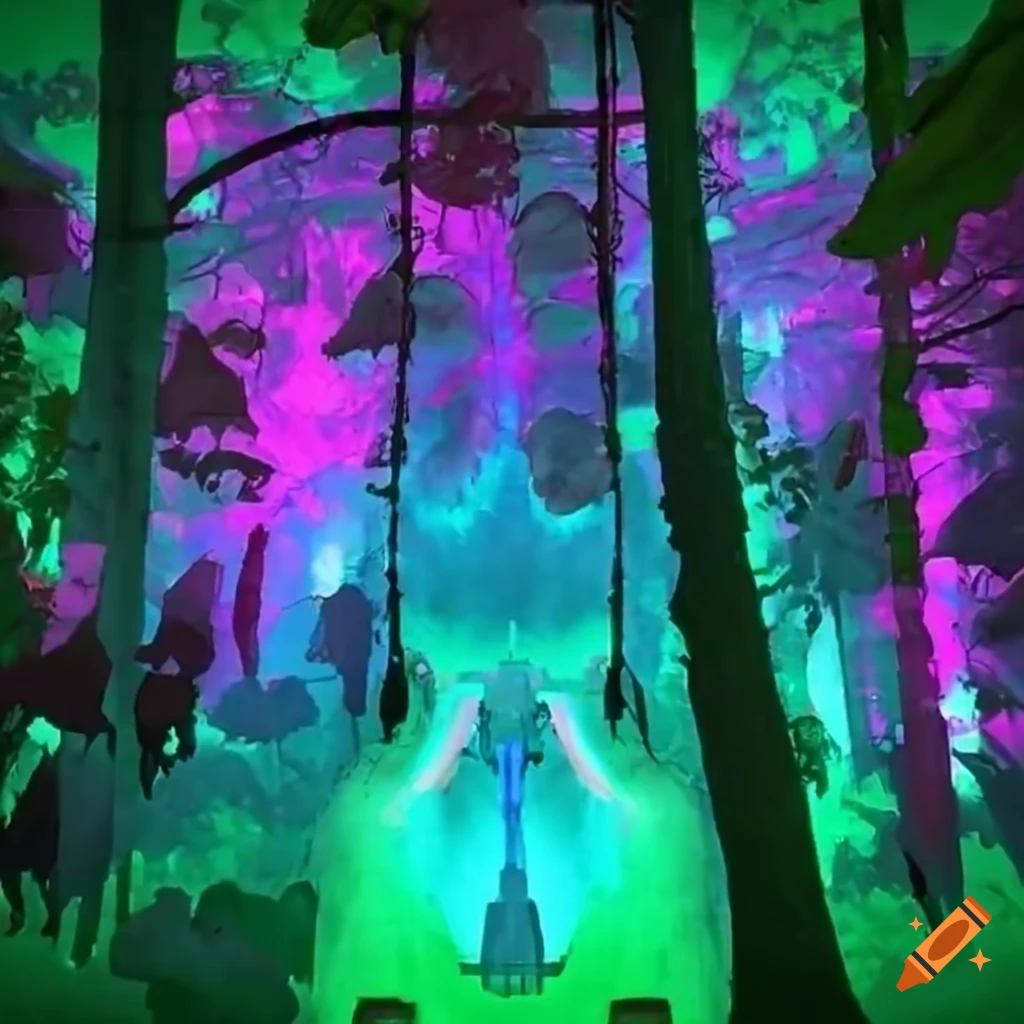 Biopunk paradise with glowing bioluminescent trees in a surreal forest on Craiyon