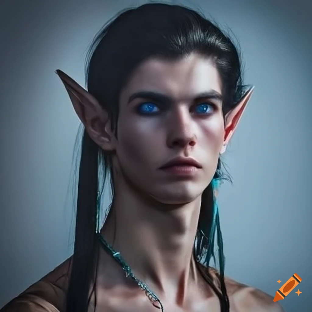 Male high elf with black hair and blue eyes wearing a black mask on Craiyon