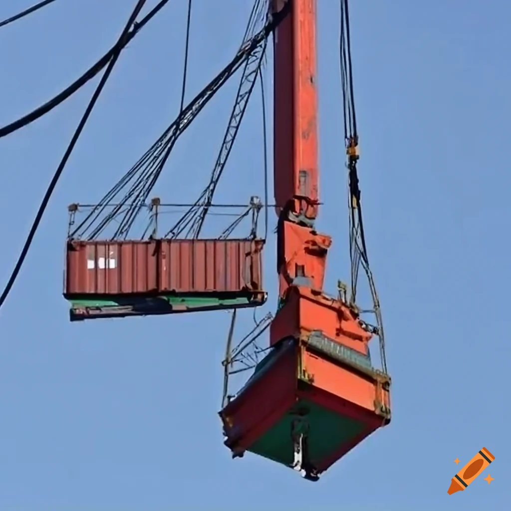 Crane lifting a shipping container with steel wires on Craiyon