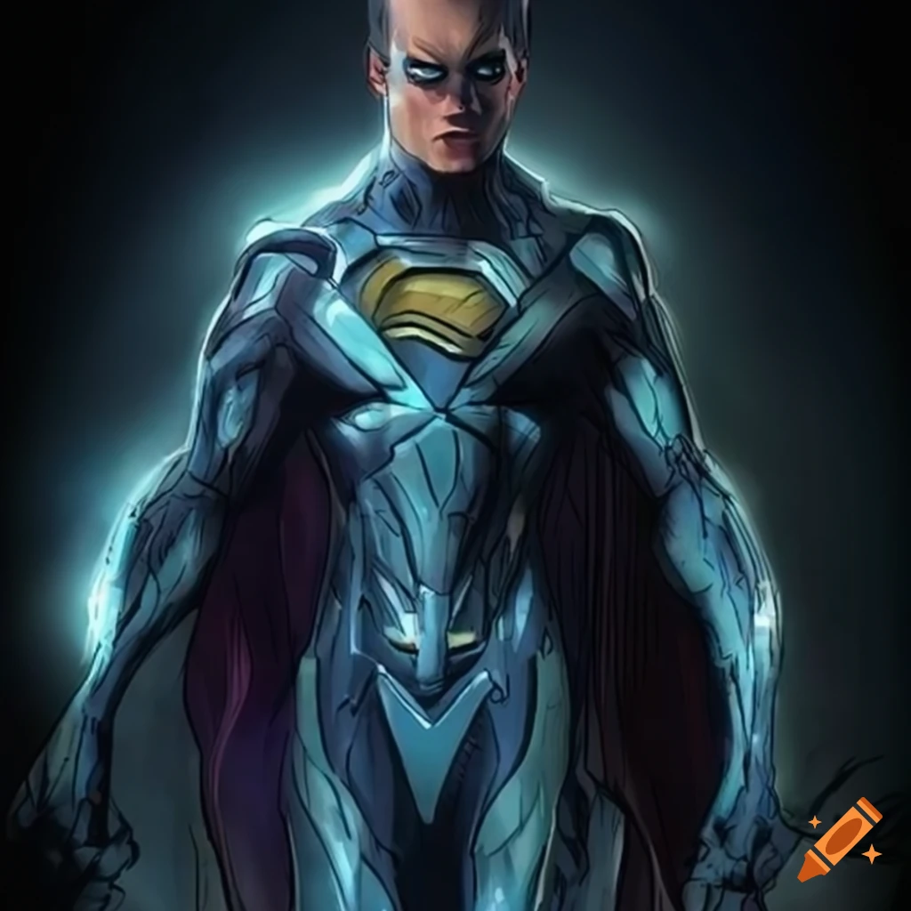 Superhero in futuristic supersuit with chest symbol in graphic novel ...