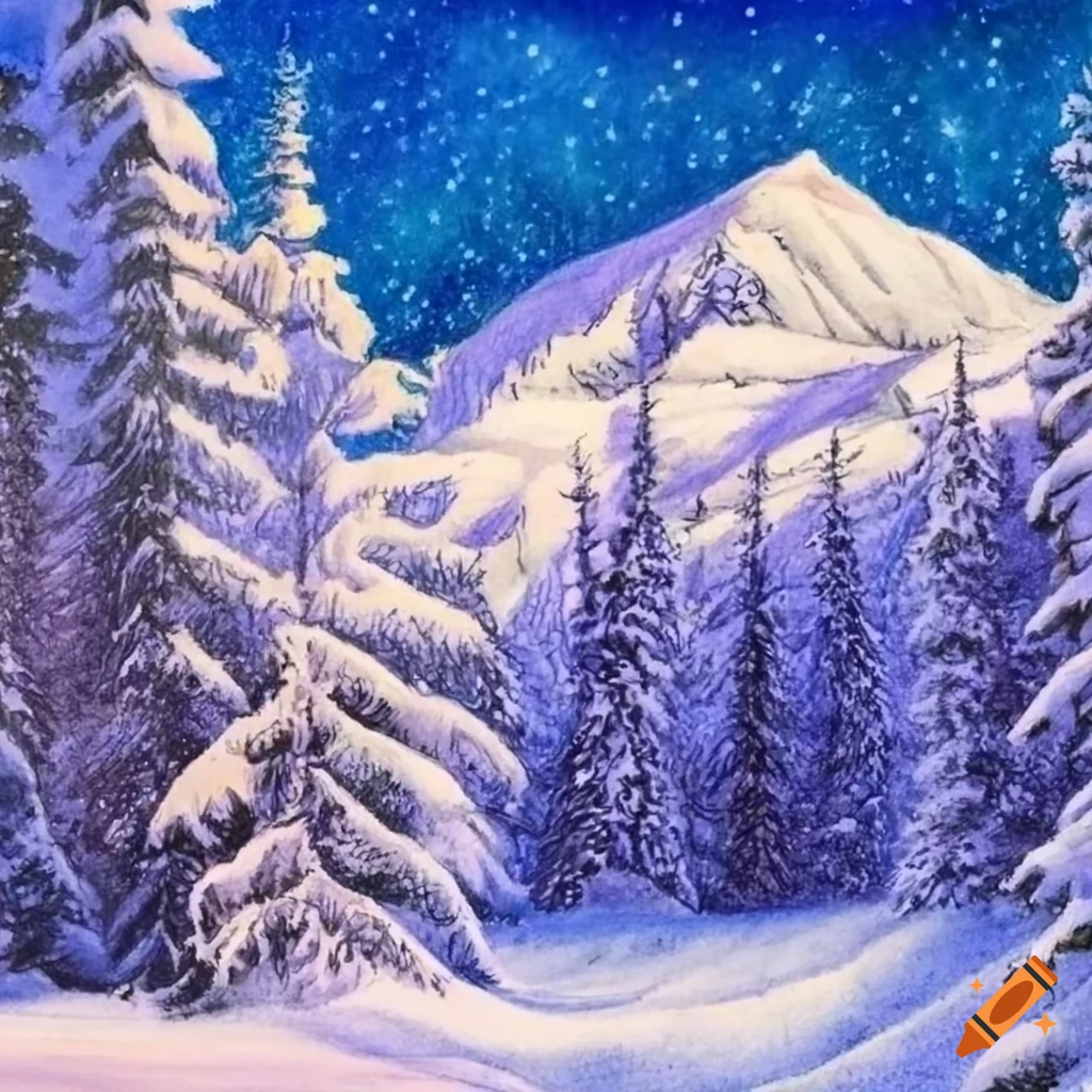 Snowy forest surrounded by snow-covered mountains in stippling art on ...