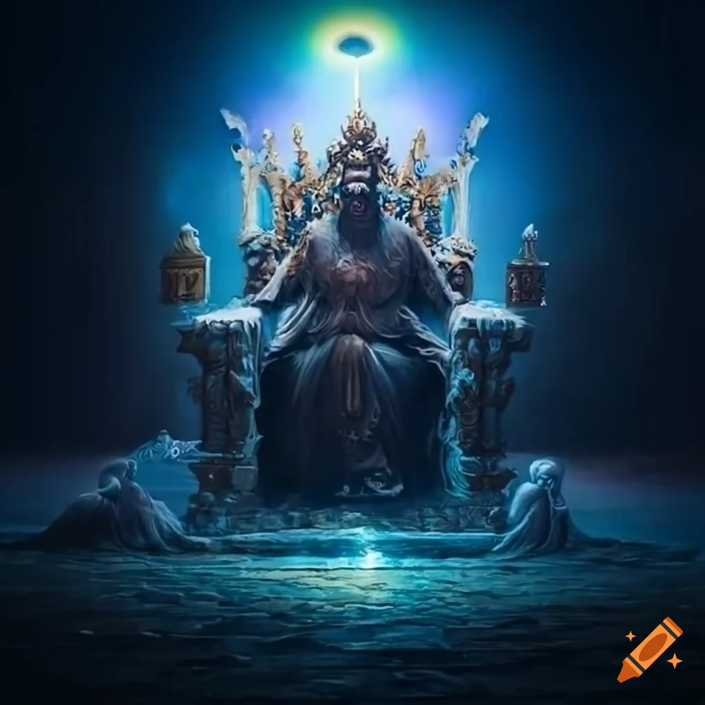 Depiction of an elderly and wise god sitting on a throne with a ...