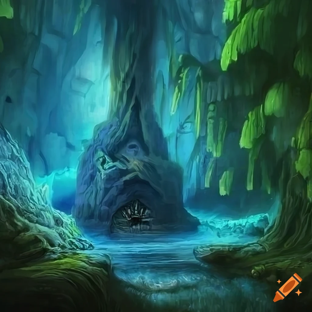Vast underground realm with lush cave lit by magic crystals and ...