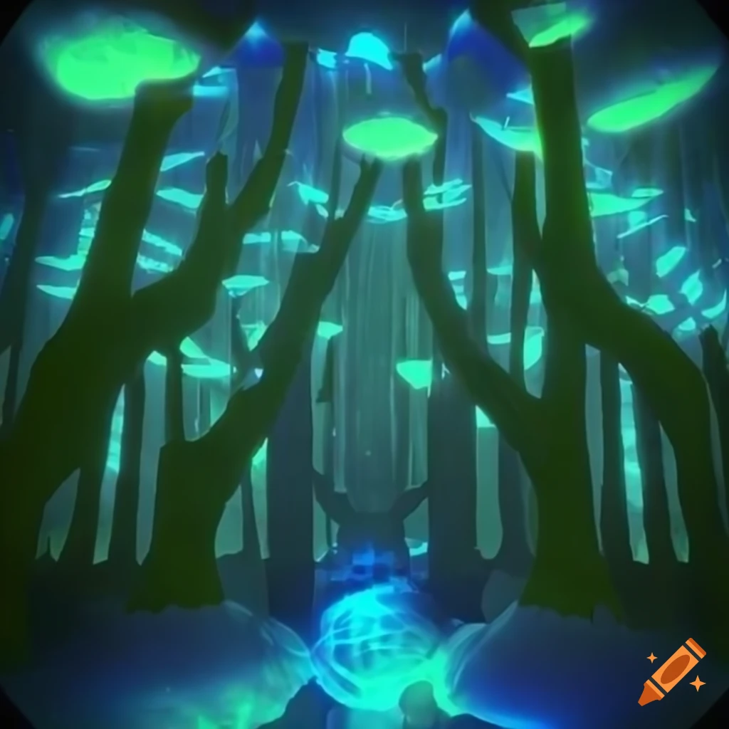 Biopunk surreal forest with towering bioluminescent trees merging ...