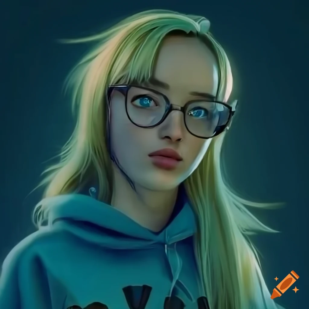 Portrait of a shy female student with long blonde hair, blue eyes, and nerdy glasses in a hoodie ...