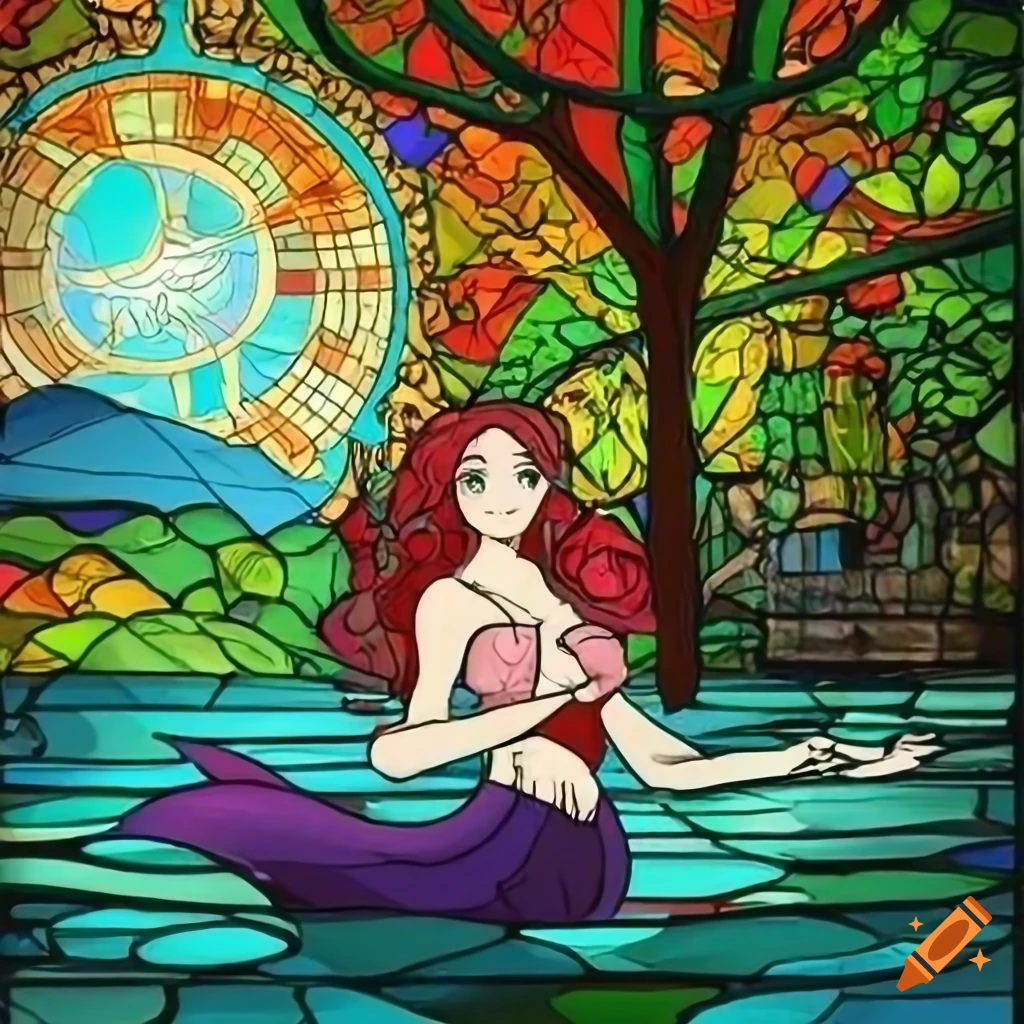 Stained glass illustration of Lorelei, a beautiful siren in the Rhine river with trees in the ...