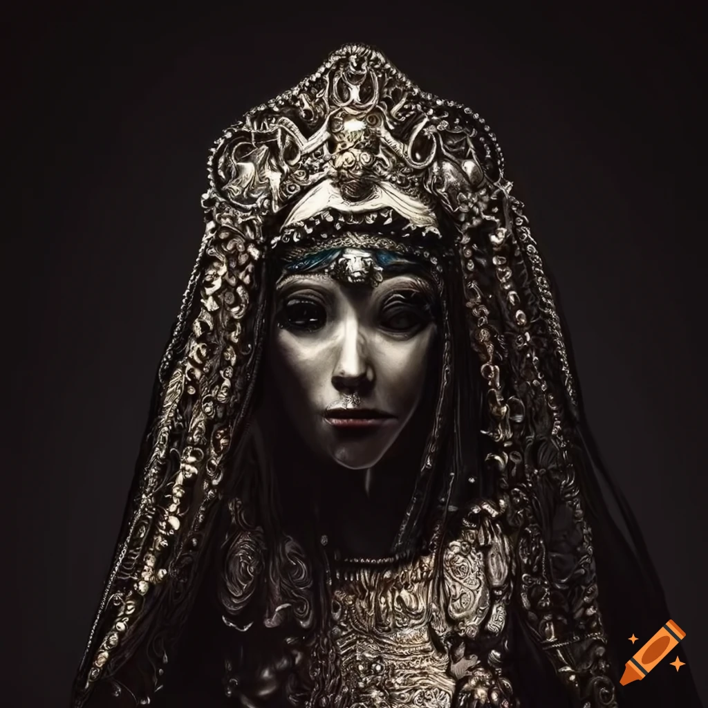 Portrait of a veiled and masked figure in ceremonial attire on Craiyon