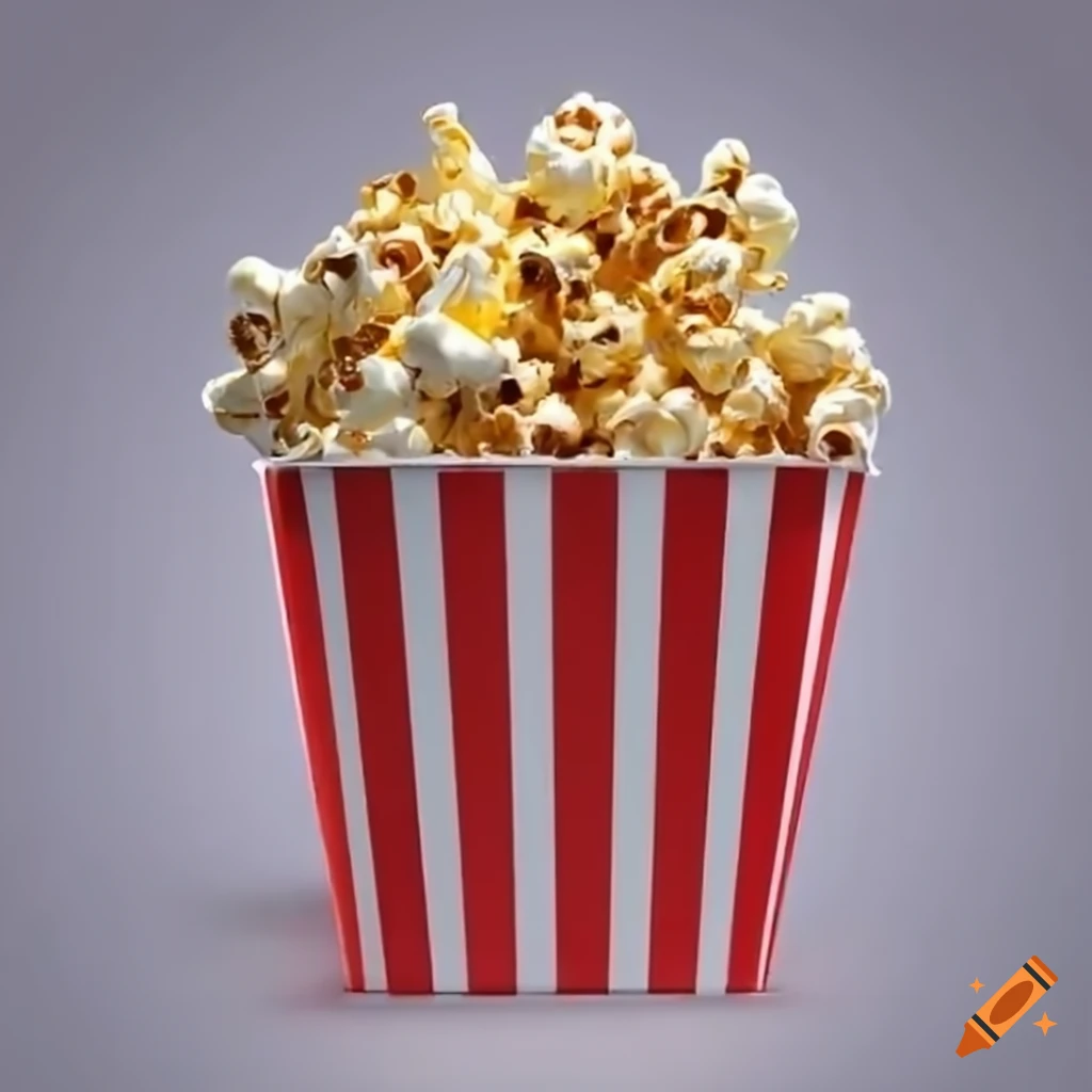 Delicious golden-brown popcorn in a red-and-white bucket, movie theater ...