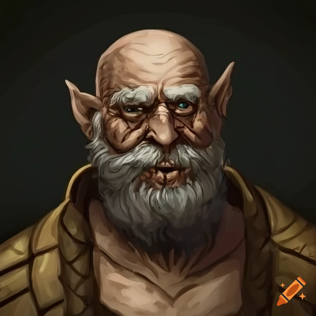 Old man Goliath DnD character in rugged hide armor on Craiyon
