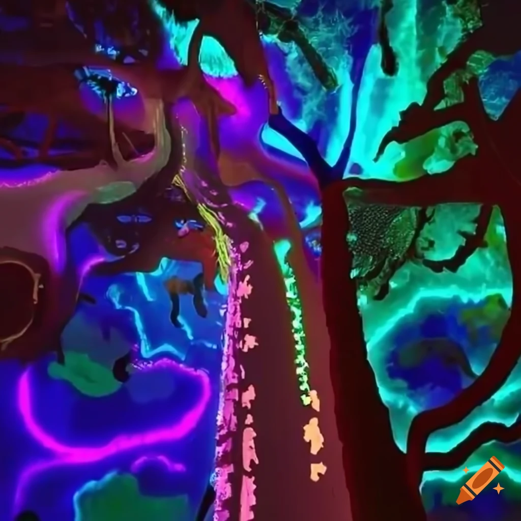 Biopunk paradise with glowing bioluminescent trees merging nature and ...