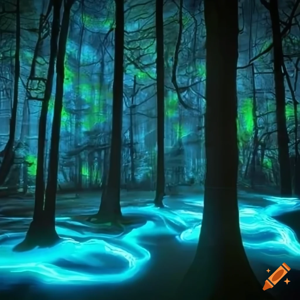 Biopunk paradise with glowing bioluminescent trees in a surreal forest on Craiyon