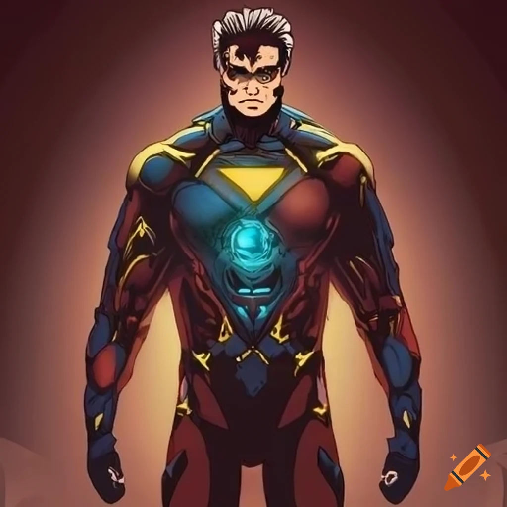 Superhero in a sci-fi supersuit with chest symbol in graphic novel ...