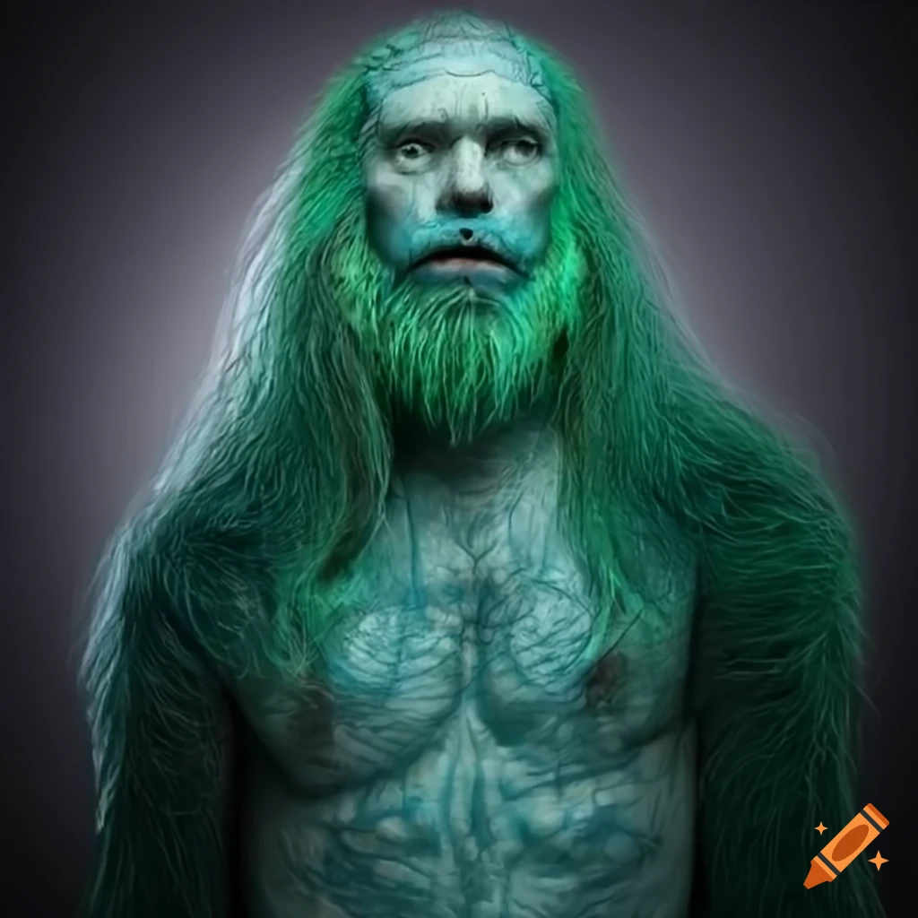 Male creature with blue skin, green beard, green hair, and silver eyes ...