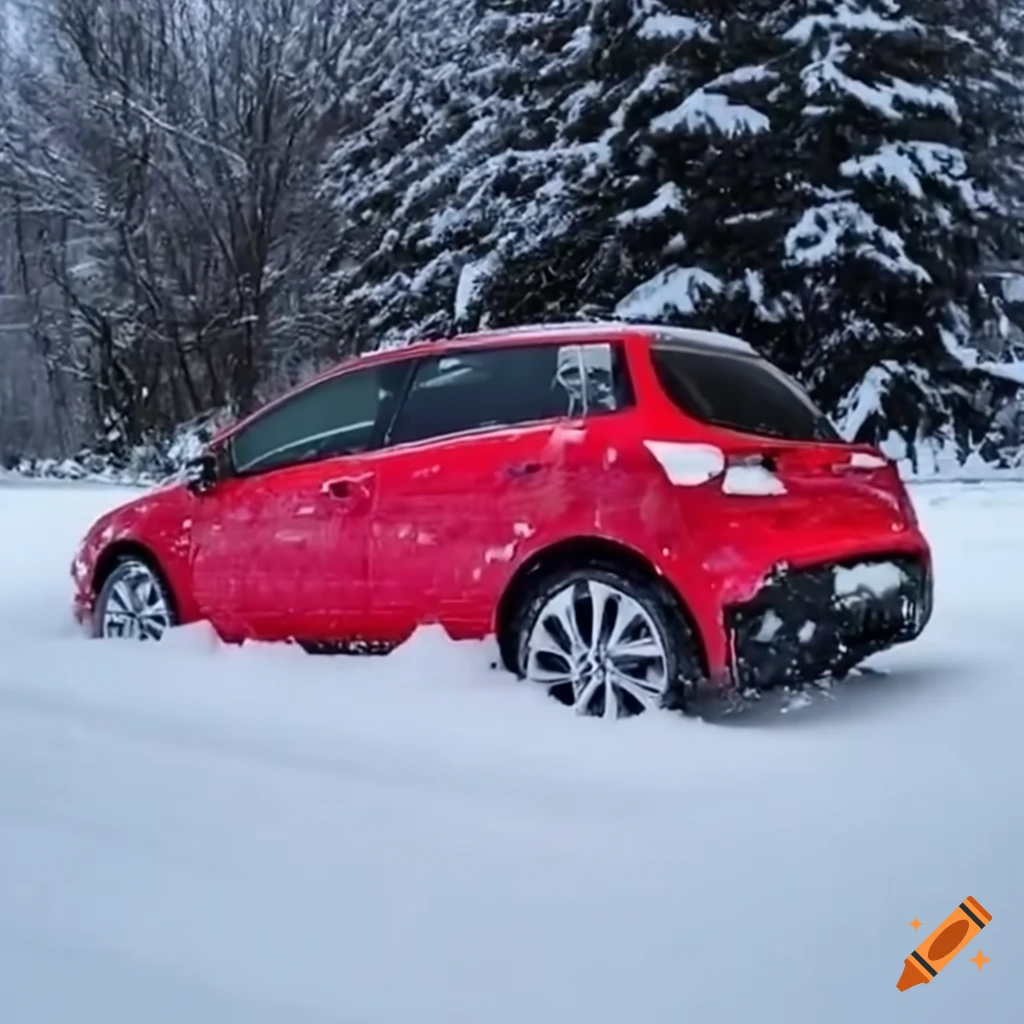 Red car on a snowy race track in the sunlight on Craiyon