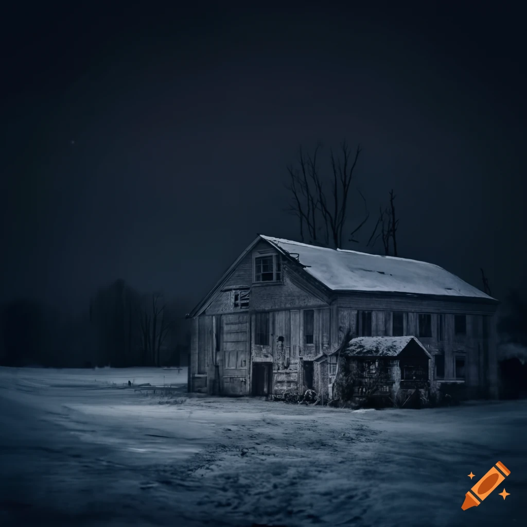 Lonely farm on a winter night in dark vintage photography on Craiyon