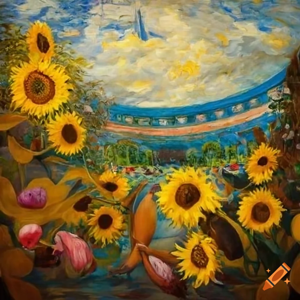 Modern etherical veterinary hospital surrounded by sunflowers and ...