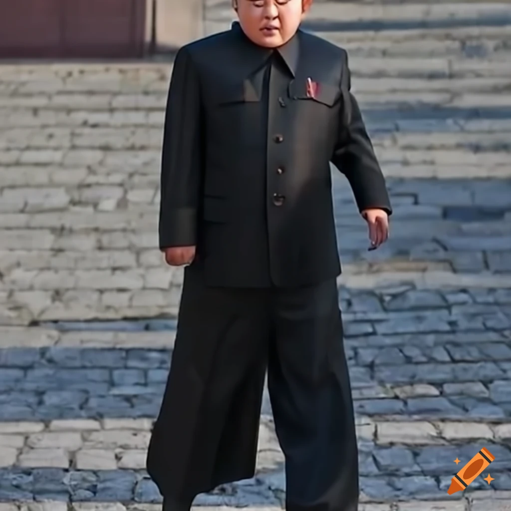 Kim Jong-un in a stylish suit walking on a cobblestone street on Craiyon