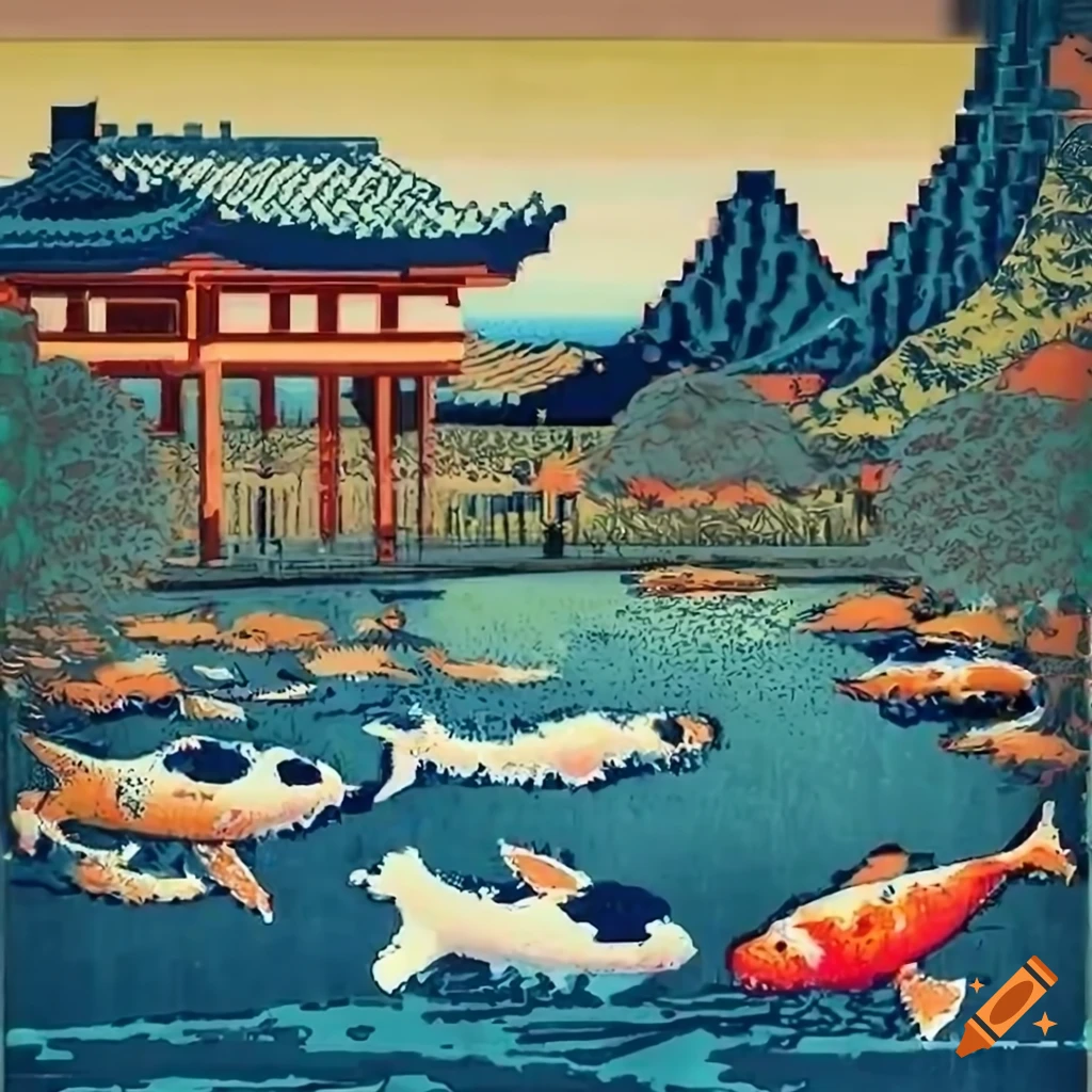 Detailed hokusai ukiyo-e pixel art oil painting of a japanese garden ...