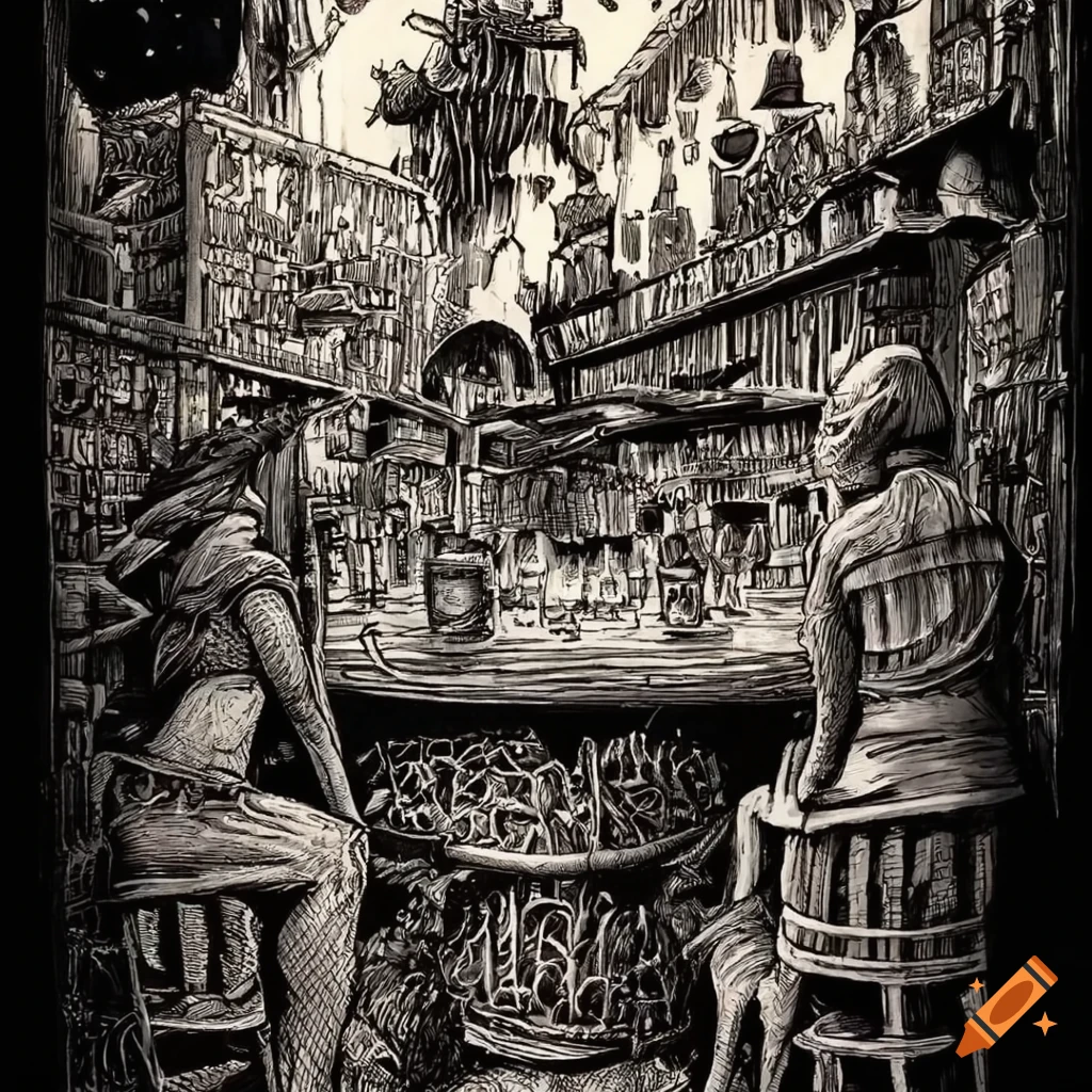 Pen-and-ink artwork of a bar-crawl in florida inspired by bernie ...