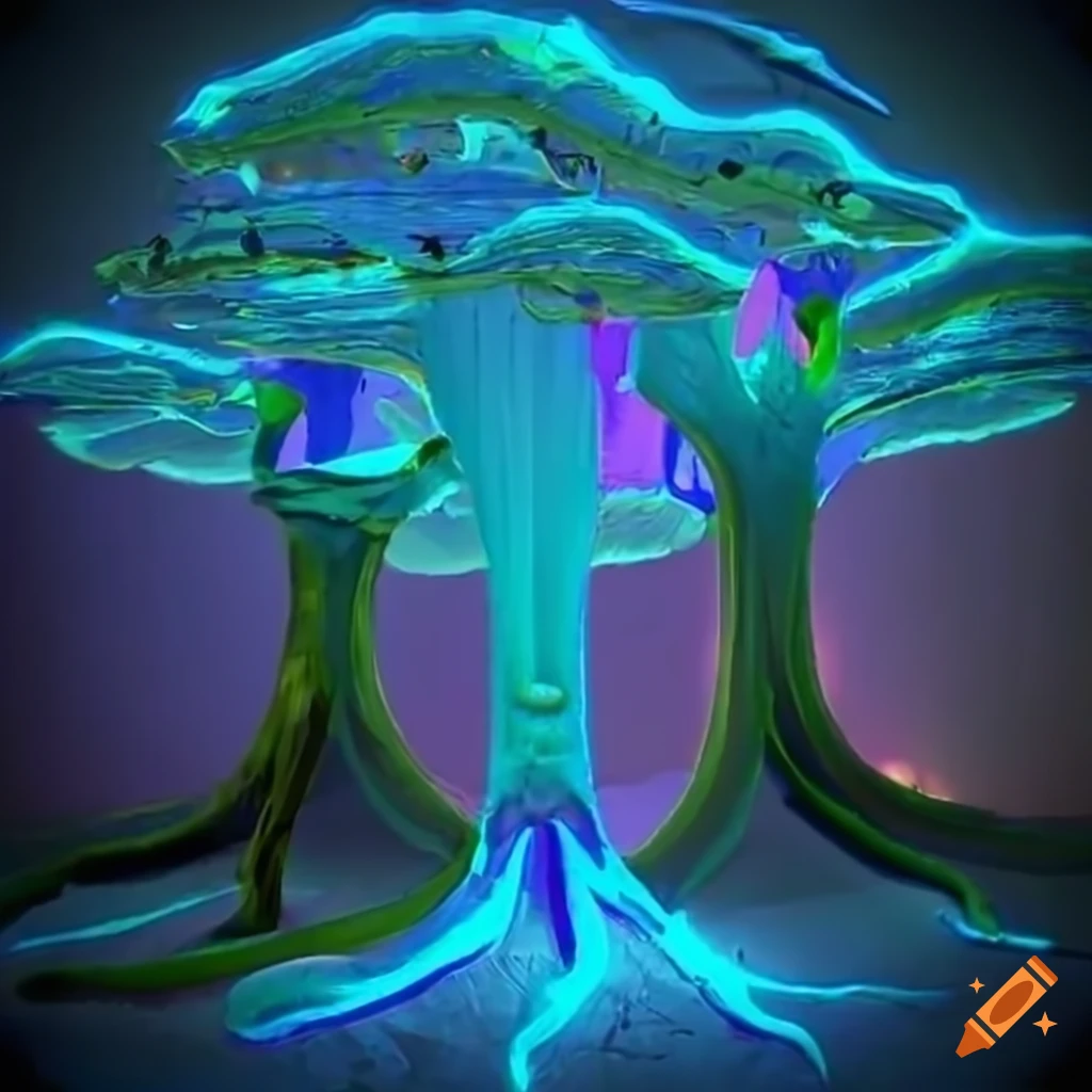 Biopunk paradise with glowing bioluminescent trees in a surreal forest on Craiyon