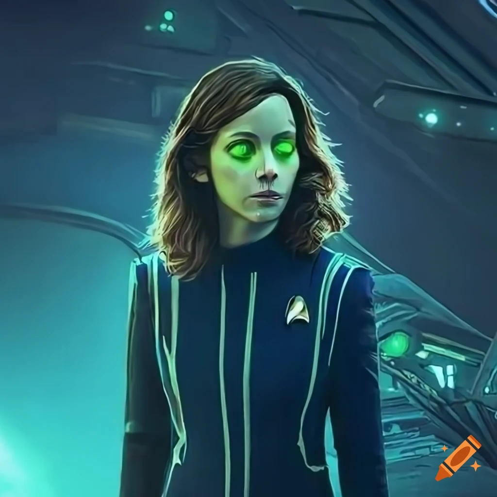 Emily Rudd with green glowing eyes as a villain scientist in futuristic ...