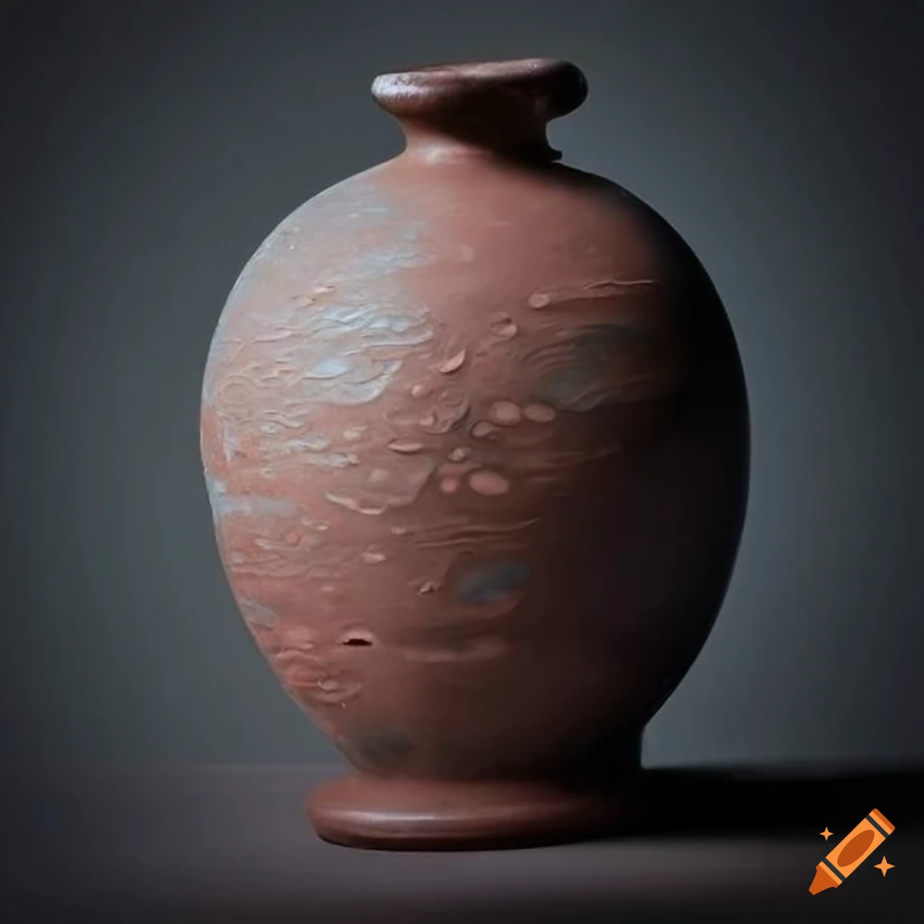 Rustic clay jar with narrow spout and dark glaze, reminiscent of ...
