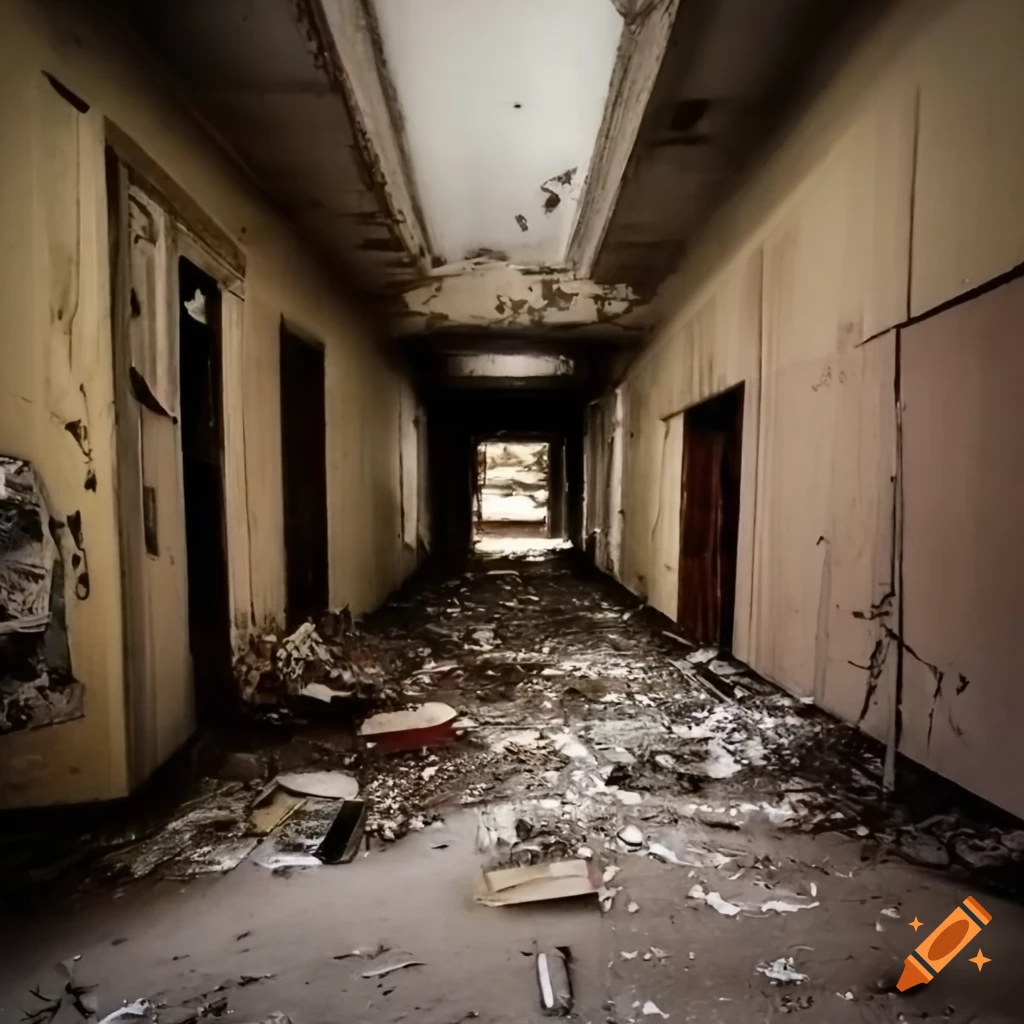 Uncanny abandoned apartment complex corridor with trash and mold on Craiyon