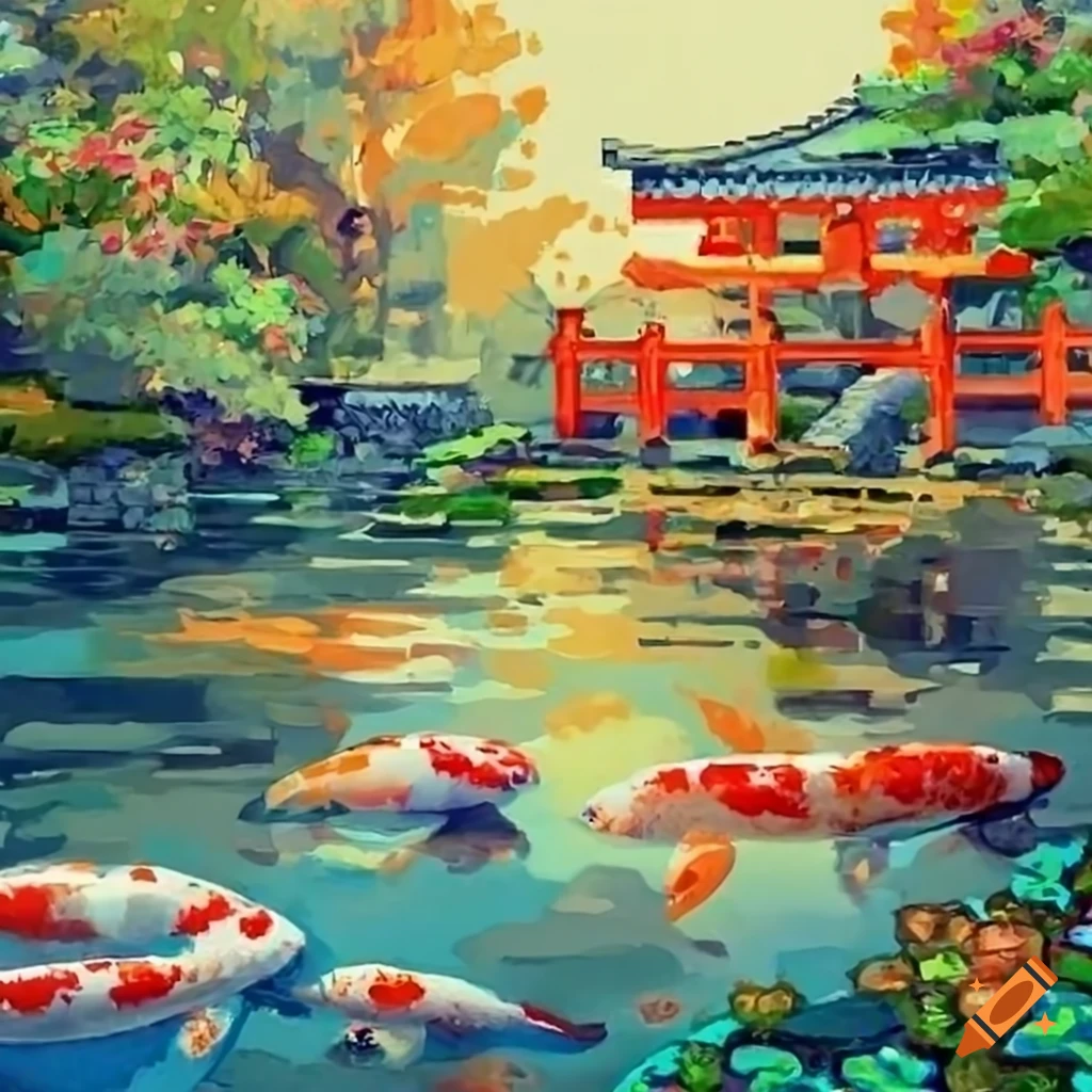 Pixel art painting of koi carp in a japanese garden with temple and ...