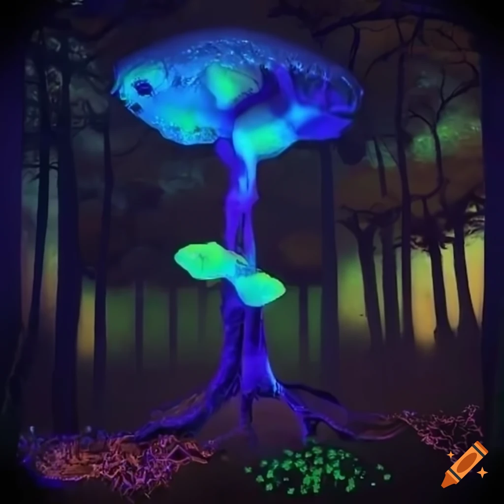 Biopunk paradise with glowing bioluminescent trees in a surreal forest on Craiyon