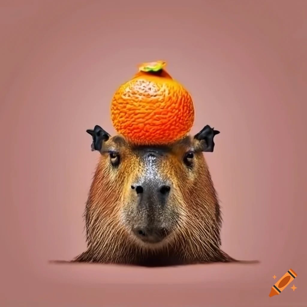 Capybara wearing a suit with an orange on its head on Craiyon