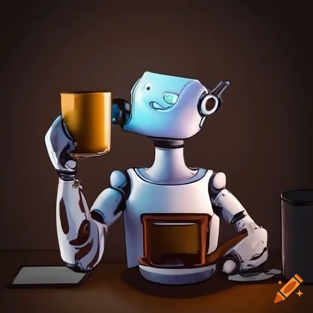 Tired robot drinking coffee on Craiyon
