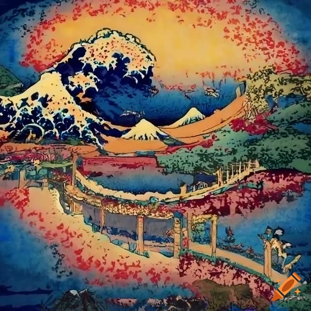 Hokusai ukiyo-e style blooming japanese garden in exquisite pixel art ...