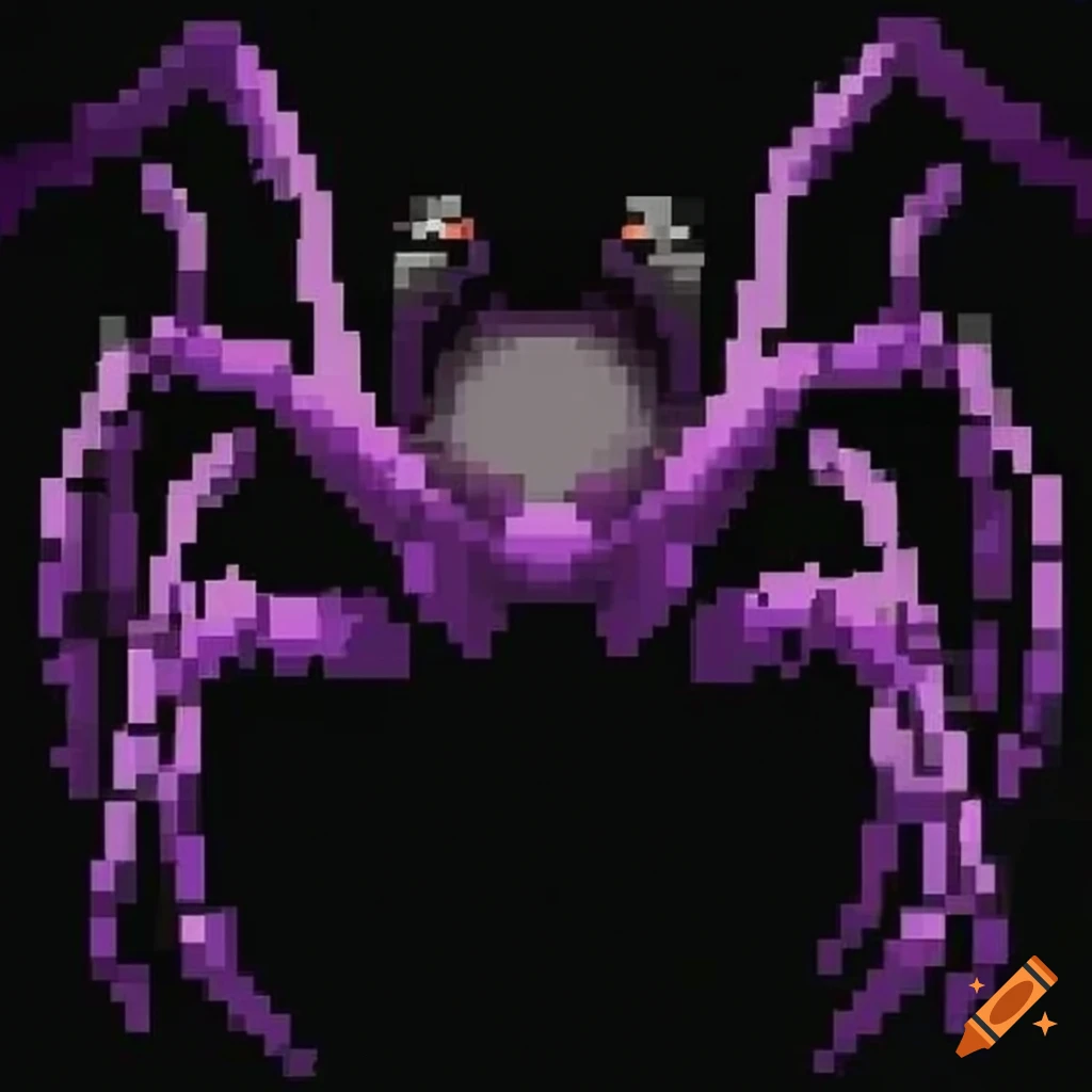 High-quality pixel art of a scary purple spider with sharp teeth and ...