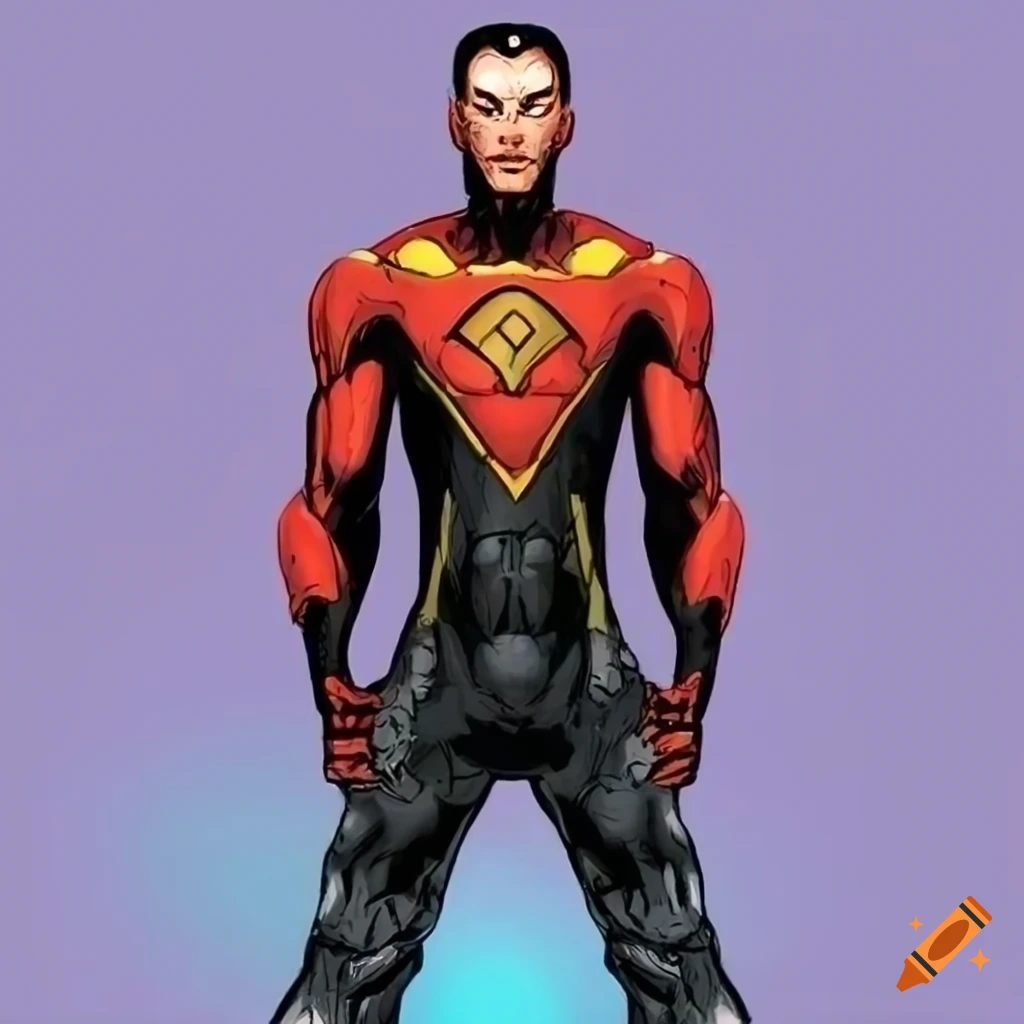 Superhero in scifi supersuit with symbol on chest in graphic novel ...