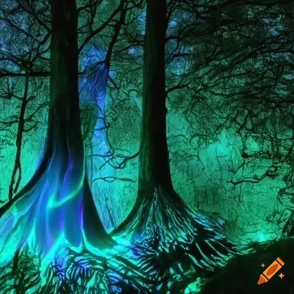 Biopunk paradise with glowing bioluminescent trees in a surreal forest on Craiyon