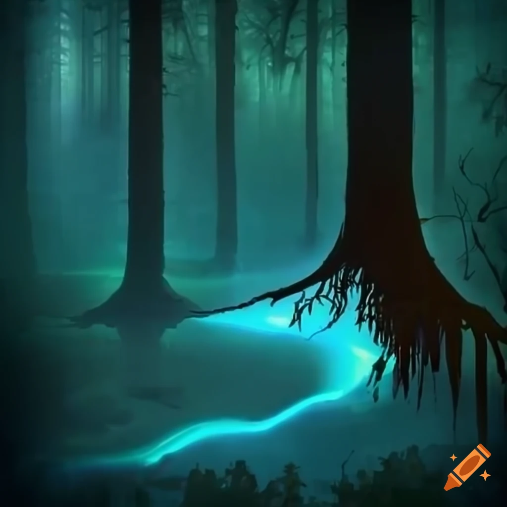 Biopunk paradise with glowing bioluminescent trees in a surreal forest on Craiyon
