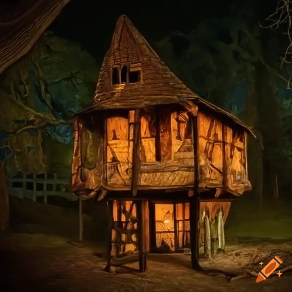 Detailed oak tree house with bonfire and lanterns in a medieval village ...