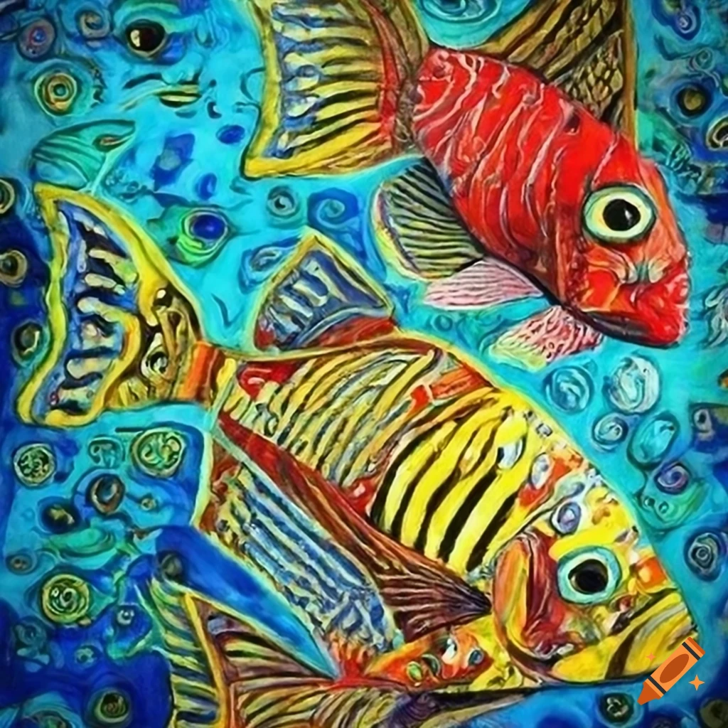 Epic supernatural patchwork art featuring small red and yellow fishes ...