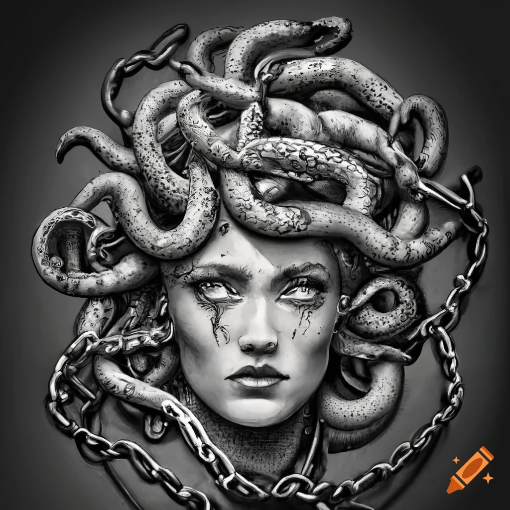 Medusa with chain hair in black and white ink art on Craiyon