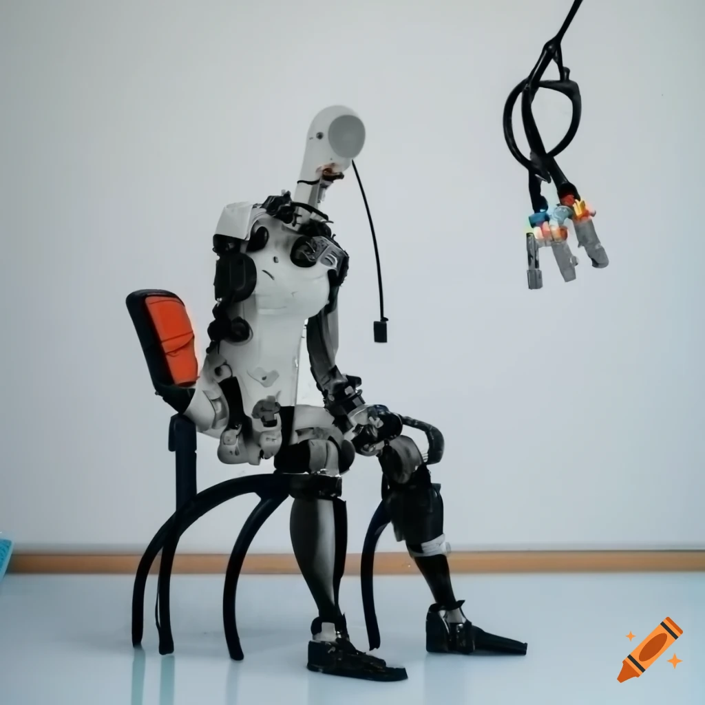 Friendly cyborg connected to wires on a laboratory chair on Craiyon