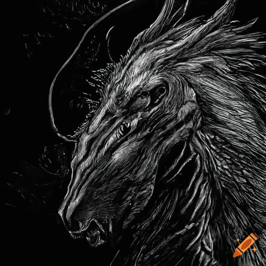 Detailed black and white pen and ink artwork of a demonic horse in ...