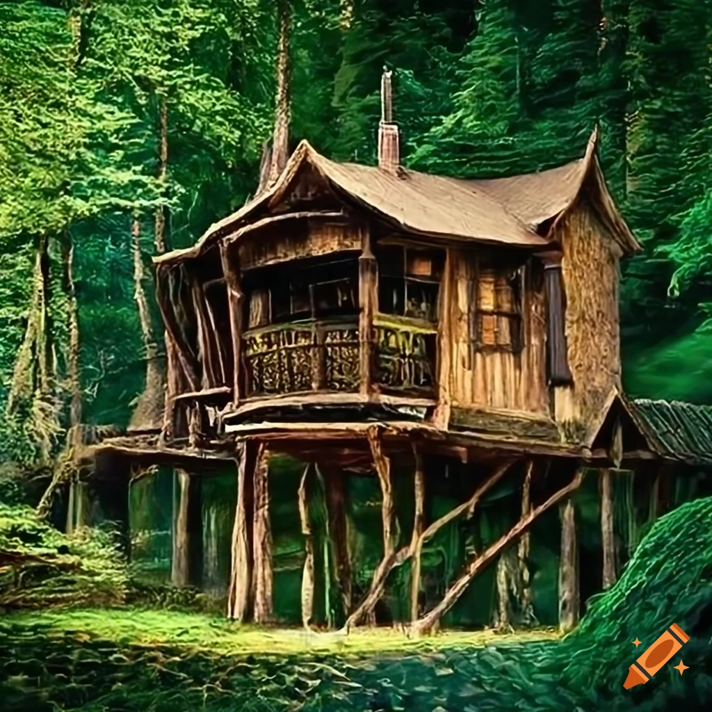 Highly detailed tree houses in a medieval village celebrating ...